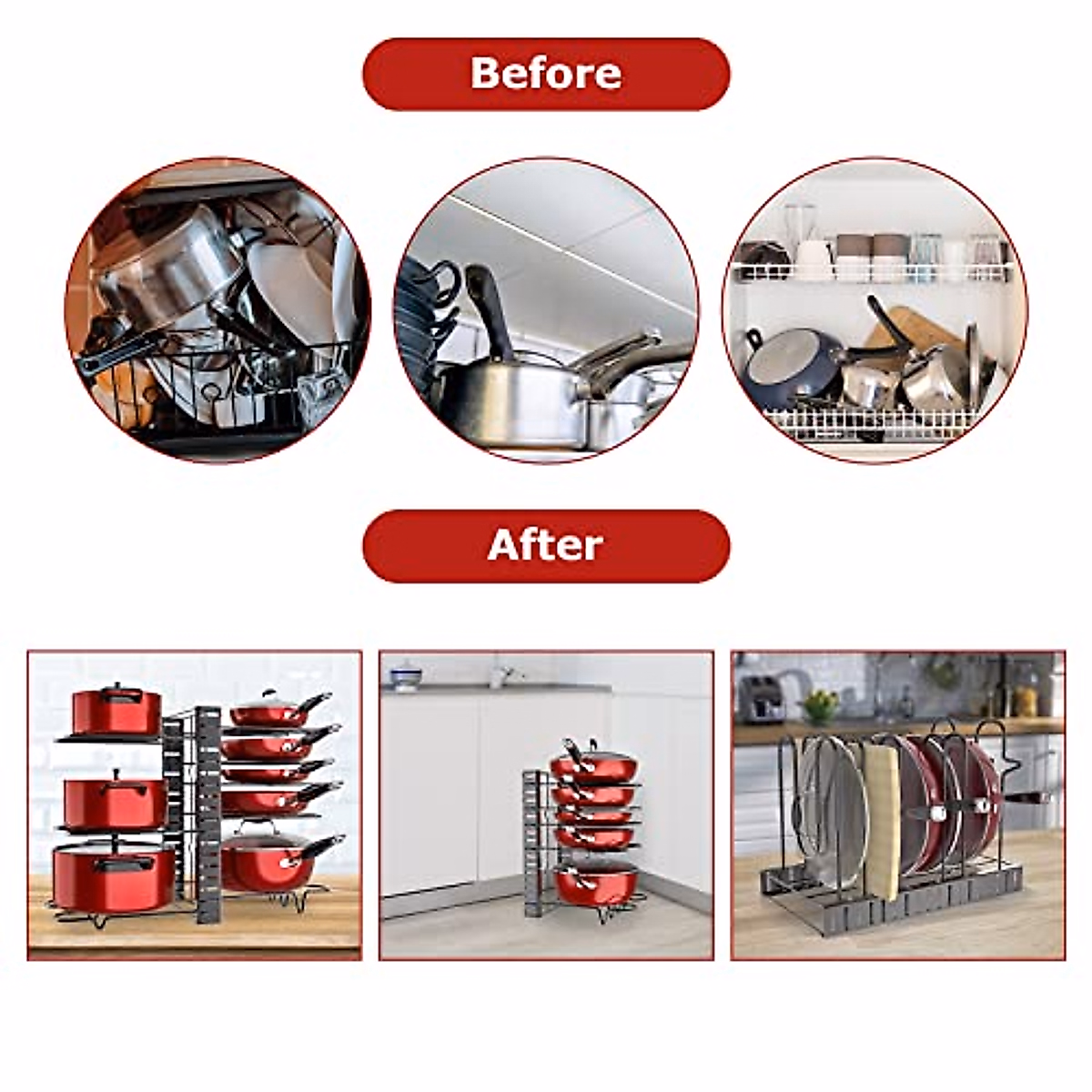 ASHARE Pot and Pan Organizer for Cabinet Adjustable 8 Tiers Pan Pot Lid Organizer Rack Holder with 3 DIY Methods Height Adjustable for Kitchen Counter and Cabinet, Black