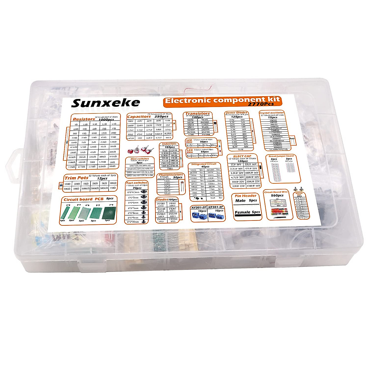 Sunxeke Electronic Component DIY Assortment Kit,Include Resistors,Capacitors,Triode,PCB,Tact Switch,Toggle Switch，Potentiometer,LED,Inductors,Crystal oscillator,Integrated Circuit.