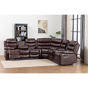 Hybition Faux Leather Living Room Set Modern Reclining Sectional Sofa with LED Light, USB Chargers, Sound System, 4Cup Holders, Hidden Storage, Brown