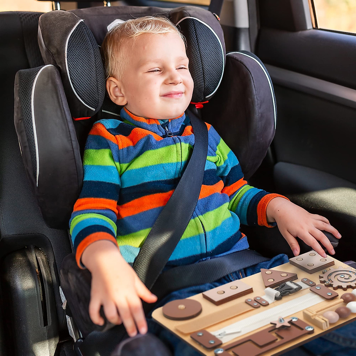 EvoKids Wooden Sorting Stacking Toy Busy Board for Toddlers 3 – Zipper, Buckle in Handmade Activity Board – Plane Car Travel Sensory Montessori Developmental Educational Toys for Boy Girl