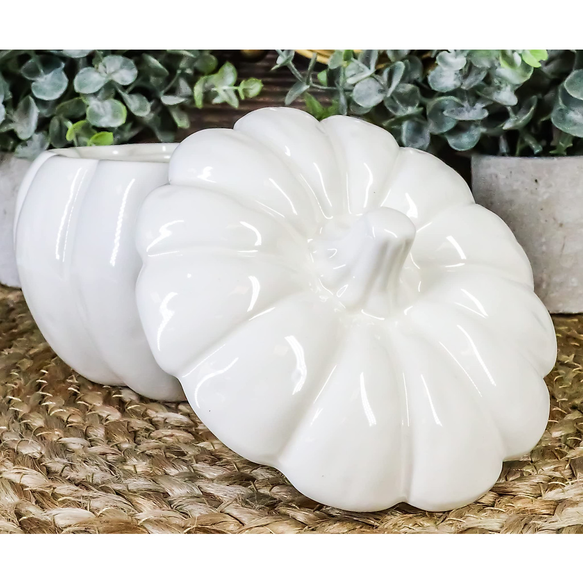 Ebros Gift Ceramic Stoneware White Harvest Pumpkin Bowl With Lid 6" Diameter (1)