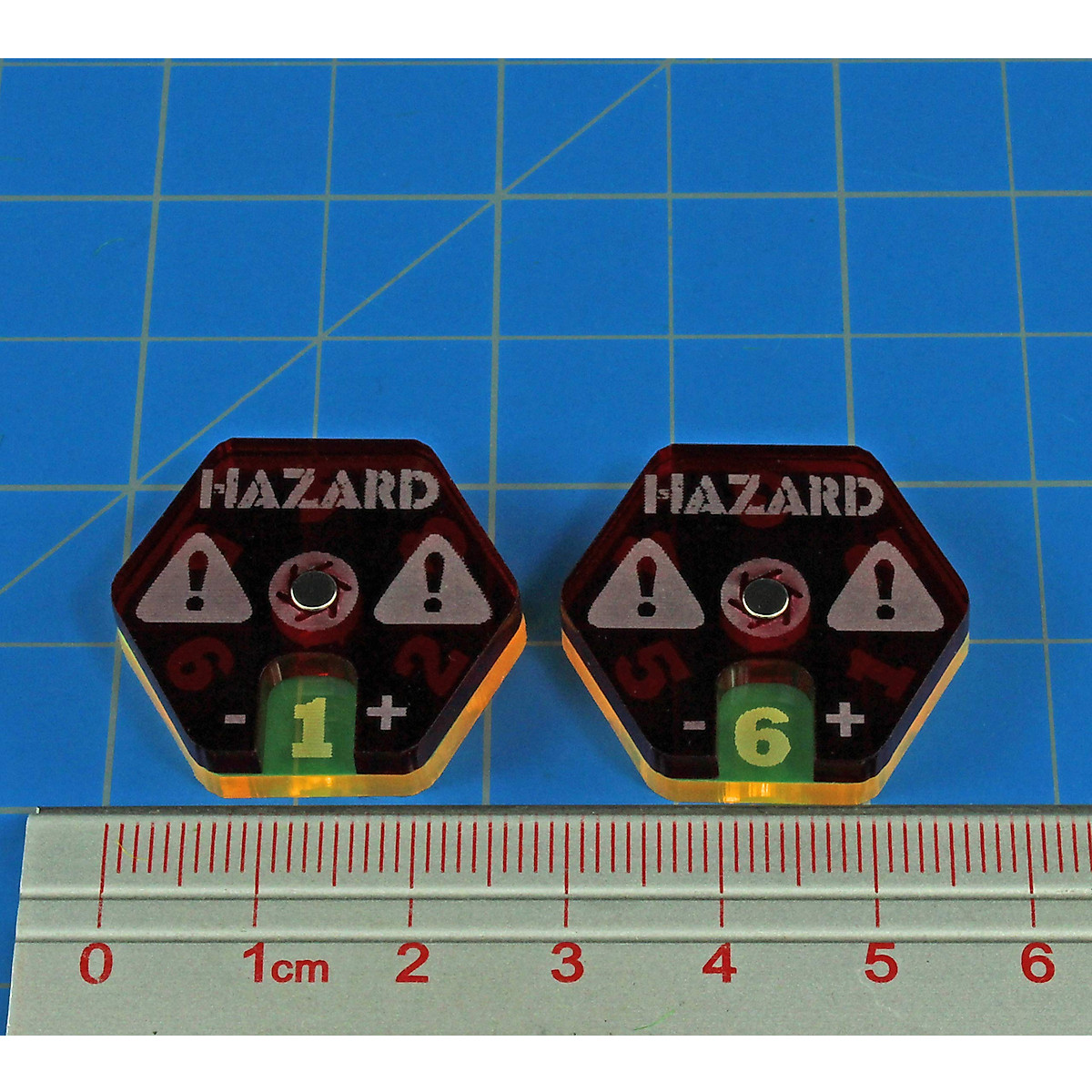 LITKO Gaslands Miniatures Game Dials | Compatible with Gaslands | Refulled | Gear | Ammo | Vote | Hazard | 2 Pack (Translucent Red & Fluorescent Yellow -Hazard)