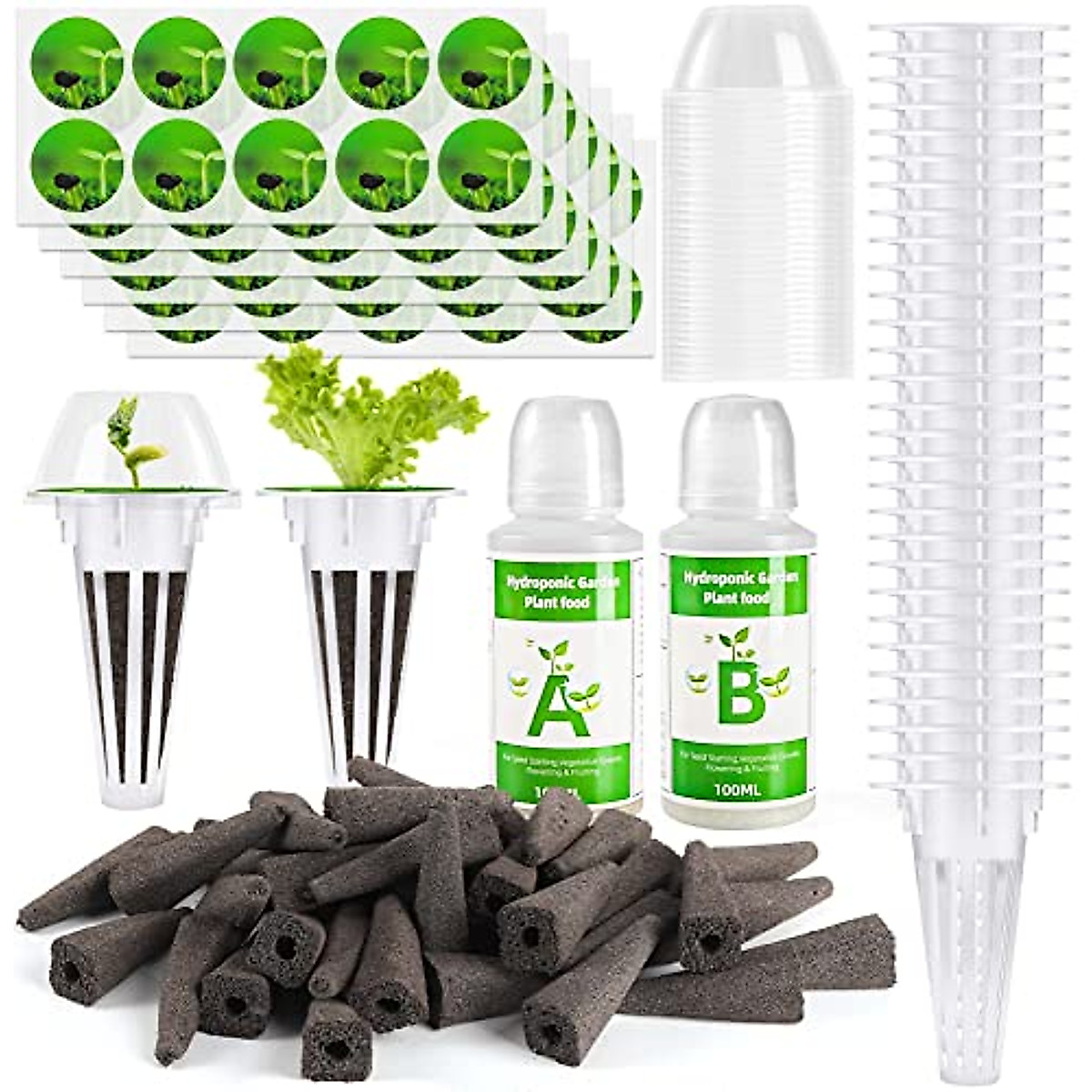 142 Pack Seed Pod Kit Compatible with AeroGarden, Hydroponics Garden Accessories for Growing System, Grow Anything Kit with 30 Grow Sponges, 30 Baskets, 50 Labels, 30 Domes, 2 Nutrient Plant Food