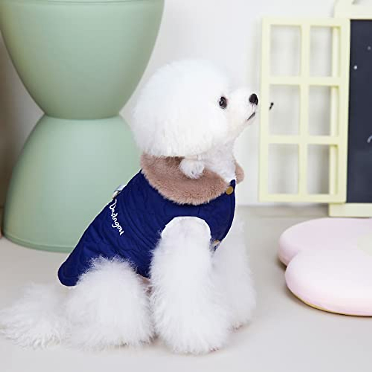 Izefia Dog Coat Cold Weather Coat Windproof Jacket Fleece Warm Dog Sweater Winter Thick Clothes Thick Vest Fur Collar Tank Top Dog Coat for Small Dog Medium Cat Blue M