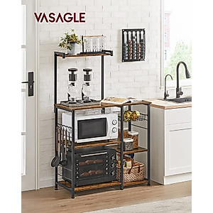 VASAGLE Baker's Rack, Microwave Stand, Kitchen Storage Rack with Wire Basket, 6 Hooks, and Shelves, for Spices, Pots, and Pans, Rustic Brown and Black UKKS35X
