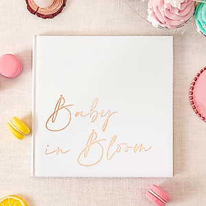 Calculs Baby in Bloom Picture Book Polaroid Baby Shower Guest Book Babies Scrapbook, White Cover, Rose Gold Foil Stamping, Blank White Pages