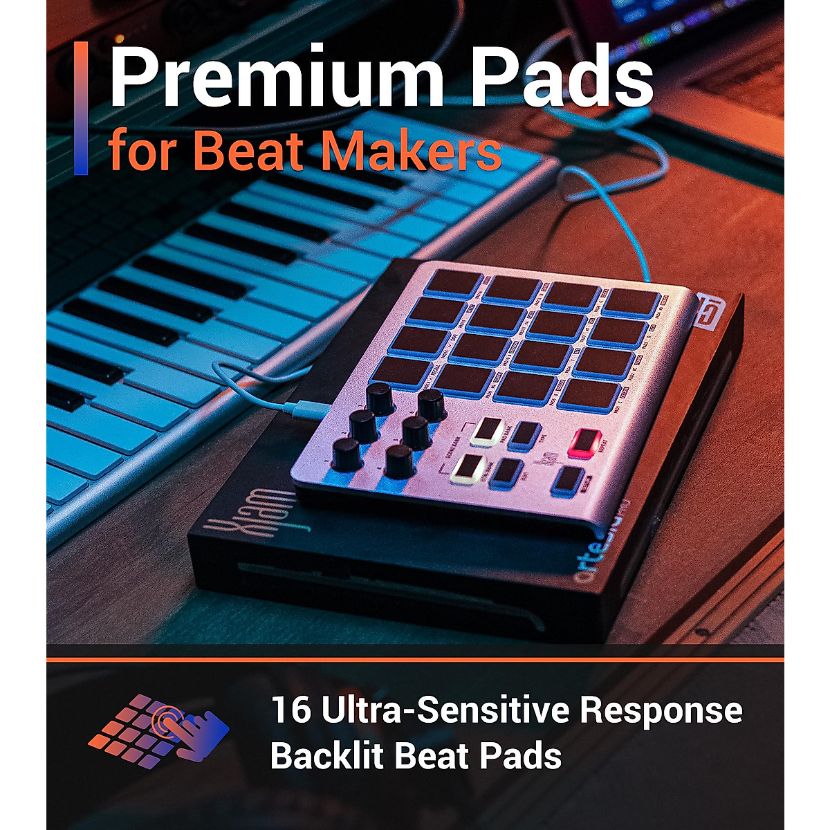 Xjam Professional MIDI Pad Controller - Ultra-Portable Aluminum Frame MIDI Drum Pad with 16 Beat Pads and 6 Assignable Knobs, Beat Machine for Melodic Samples, Plug & Play on iPad, iPhone, Mac, PC