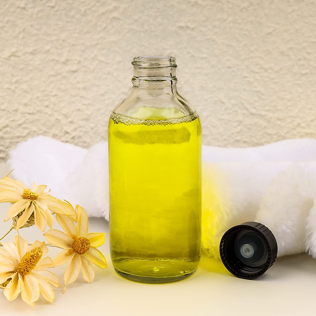 PINIWON 12 Pack 4 oz Clear Glass Bottles, 120ml Boston Round Sample Bottles with Black Poly Cone Caps, Labels, Funnels and Brush