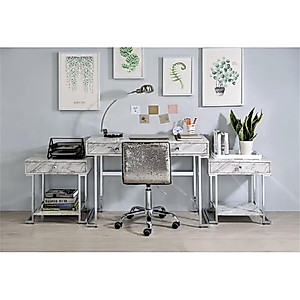 Acme Tigress Faux Marble Top Writing Desk with 2 Drawers in White and Chrome