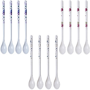 Dadamong Melamine Long Handle Mixing Spoon Set of 12, Plastic Teaspoon, 8.8 Inch Stirring Spoons for Jam Honey Coffee Tea Ice Cream Cocktail Hot Chocolate (Random Pattern)