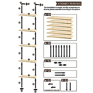 5 Tier Modern Bookcase Wall Mount Ladder Bookshelf Include Wood Planks Industrial Pipe Shelf Book Display Rack Metal Pipes and Wood Shelves Stand Black Corner Frame Bookcase (Natural Wood Board)