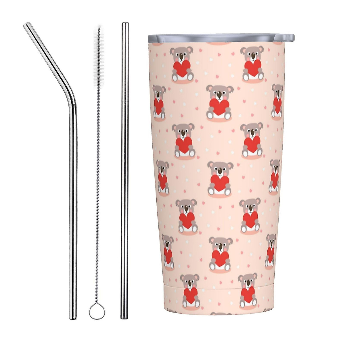Yaxongx 20oz Tumbler Cute Love Koala Double Wall Vacuum Insulated Coffee Mug with Lid and Metal Straw Brush Reusable Stainless Steel Water Bottle Travel Cup Gifts for Car Ice Drinks Hot Beverage