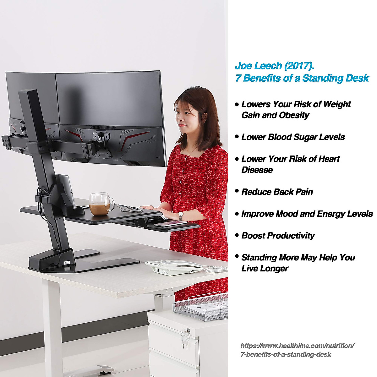 AVLT Dual 32" Monitor Electric Standing Desk Converter with Huge Keyboard Tray Extra Large 28"x 16" Spacious Tabletop Motorized Automatic Height Adjustable Sit to Stand Table Sturdy Small Footprint