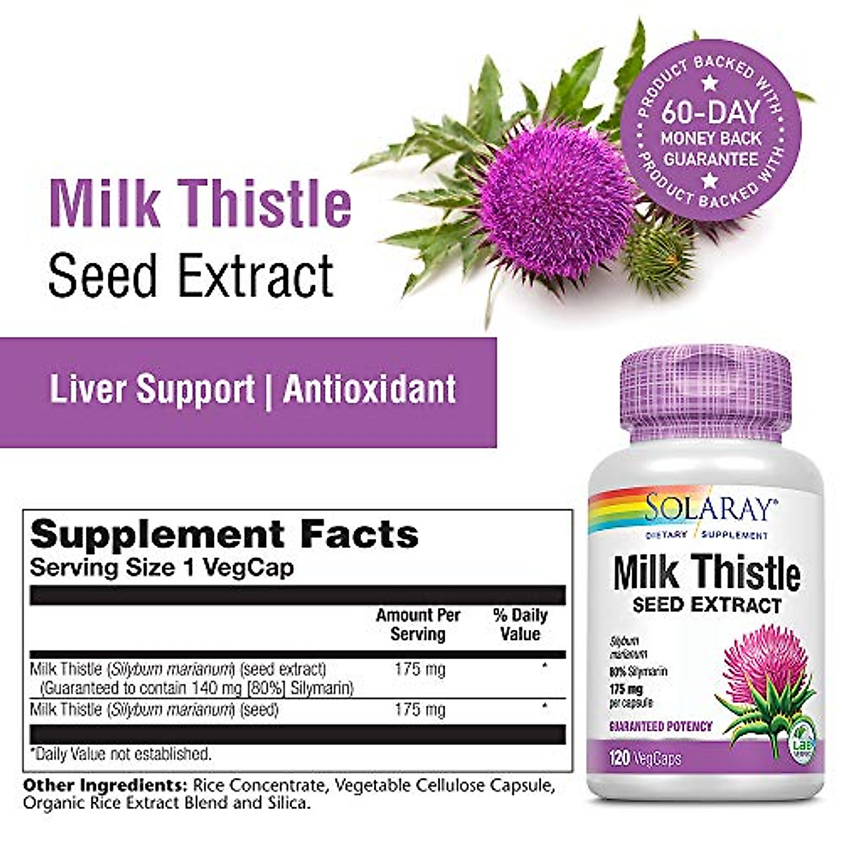 SOLARAY Milk Thistle Seed Extract 175mg | Antioxidant Intended to Help Support a Normal, Healthy Liver | Non-GMO & Vegan | 120 VegCaps