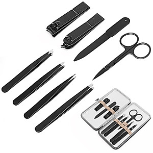 Fangze Tweezers and Fingernail Clippers Kit, 8 Pcs Professional Tweezer Nail Clipper Set Stainless Steel Manicure Tools with Case for Men Women