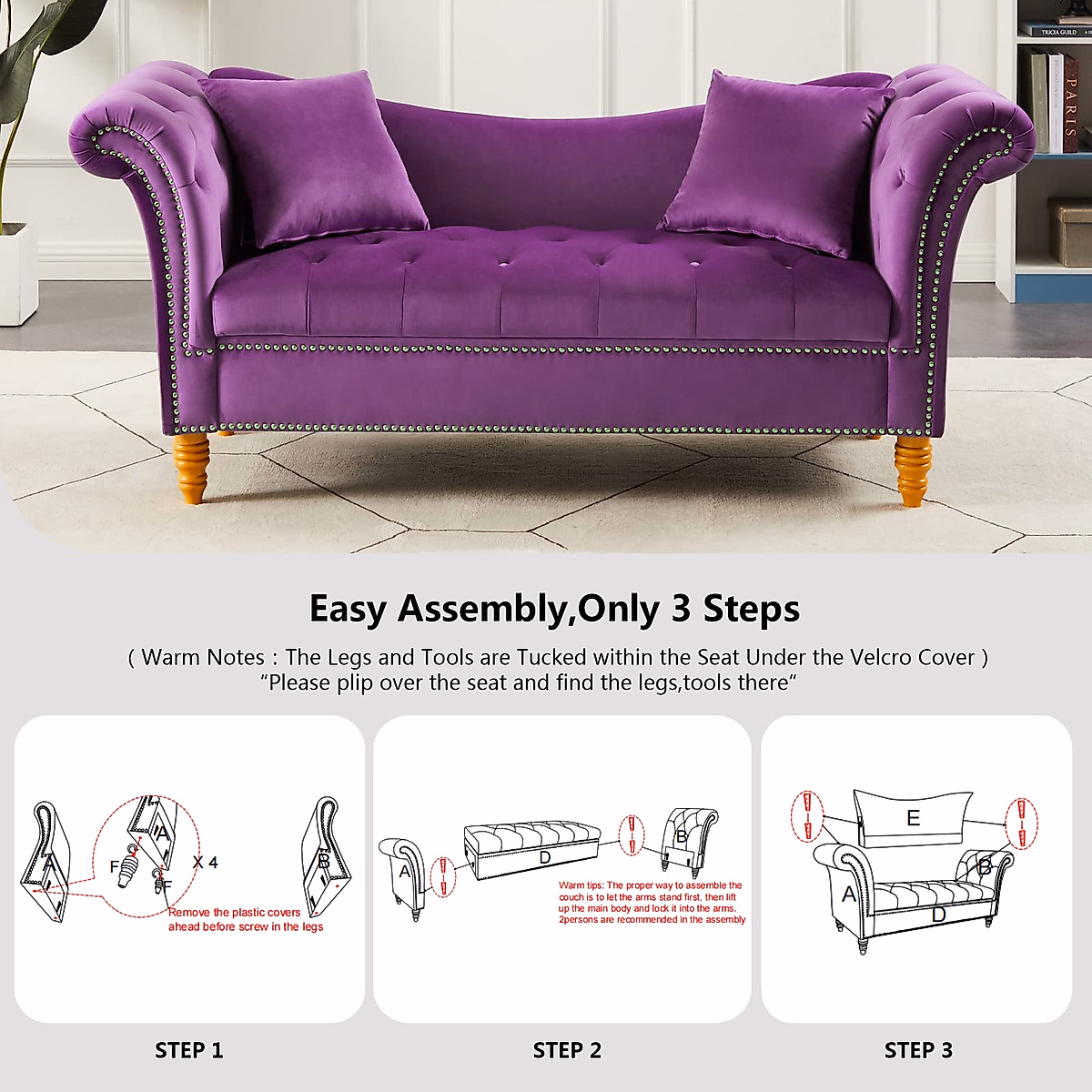 Betoko Velvet Loveseat Sofas Couches with Storage Seat Flared Rolled Arm 2 Seater Sofa for Living Room Bedroom Button Tufted Small Couch with Solid Wood Legs (Purple)
