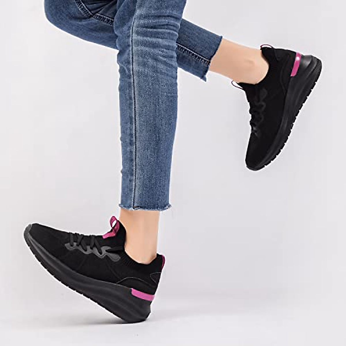 ANJOUFEMME Fashion Wedge Sneakers for Women - Comfortable Slip on Sneakers for Women Tennis Shoes Womens Breathable Walking Shoes PGYDX03W-171-FN-BLACK-6.5