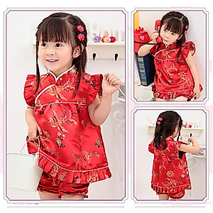 FANCYKIDS Girls Chinese New Years Traditional Qipao Cheongsam Dress Shorts Outfit Set (RedCircle, 6-12 Months)
