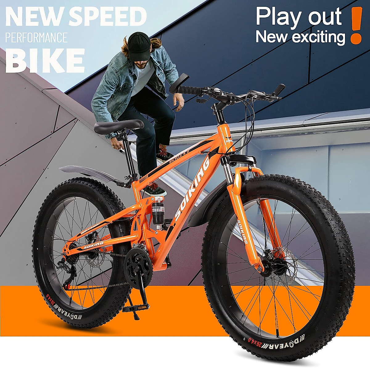 wavsurf Fat Tire Mountain Bike, 26'' 21 Speed Outdoor Snow Beach Hybrid MTB Racing Bikes for Adult, Comfort Cruiser Bicycle, Lightweight City Commuter Road Cycling, Dual Disc Brakes (A), 94x88x38cm