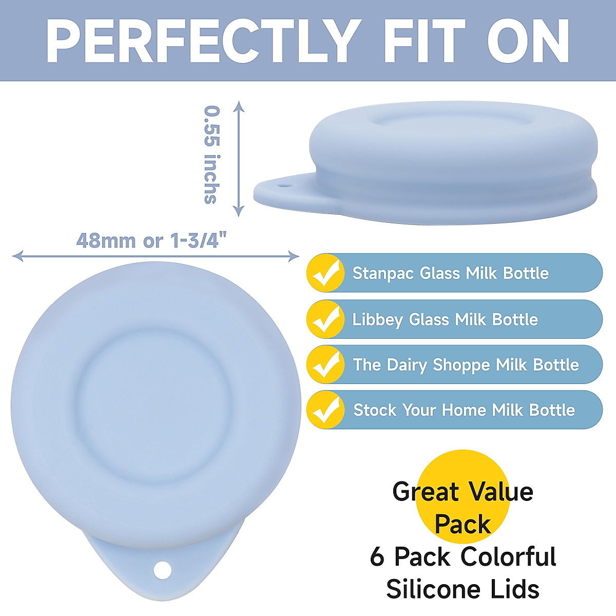 Purekra 6 Pack Silicone Glass Bottle Replacement Caps, 48mm Diameter Bottle Lids Fit Stanpac & Libbey & Stock Your Home & The Dairy Shoppe Milk Glass Bottles. Reusable and Airtight Bottle Caps