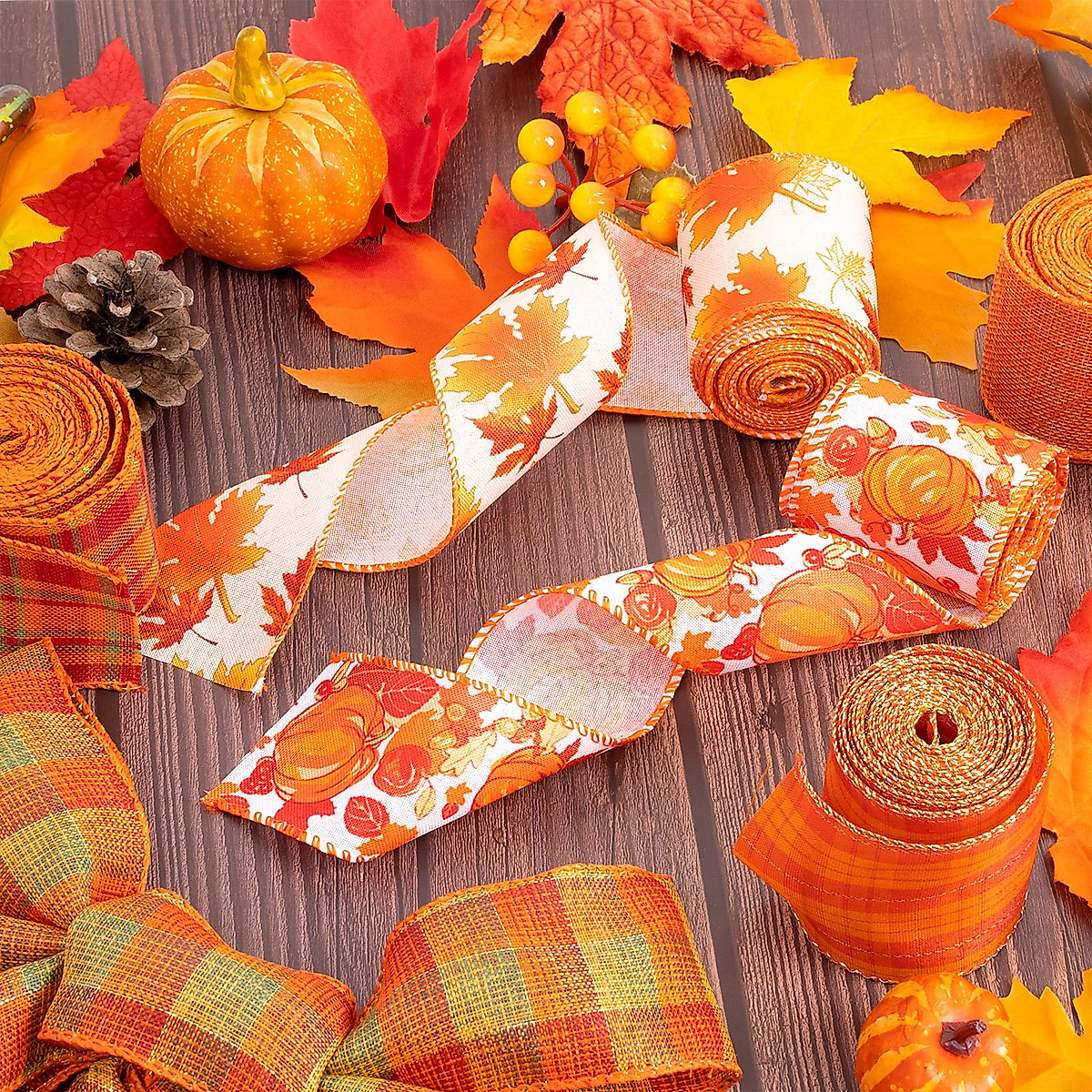 Whaline 6 Rolls Fall Thanksgiving Burlap Ribbon 30 Yard Orange Plaid Autumn Harvest Ribbon Pumpkin Fall Leaves Wired Edge Wrapping Ribbon Rustic Craft Ribbon for Wreath Floral Bows Craft Decor, 2.5In