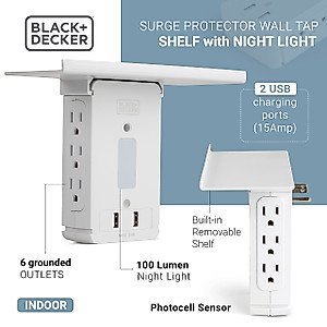 Black+Decker Surge Protector Outlet Shelf with Night Light, 6 Grounded Outlets, 2 USB, 100 Lumen