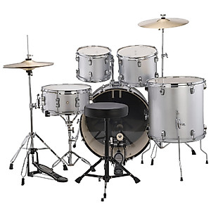 Ludwig Accent Drive Series LC175 Complete Drum Package with Cymbals, Hardware, Drum Throne, Chain-drive Pedal and Sticks (Silver Foil)