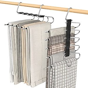 Loretoy 2 Pack Pants Hangers Space Saving, Anti-Slip Multi-Functional Pants Rack, Thickened Stainless Steel Tube with 10 Metal Clips, Two Hanging Modes Suitable for Jeans Trousers Skirts Scarf-Black
