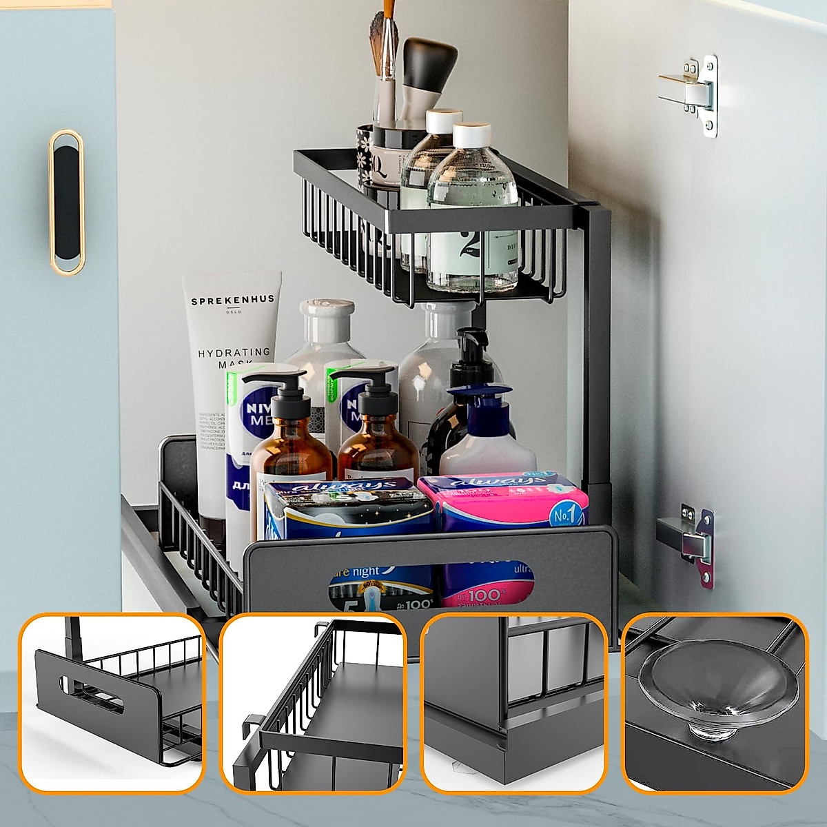 2-Tier Under Sink Organizer and Storage, Pull Out Cabinet Kitchen and Bathroom Organization, Multi Use Slide Out Sliding Shelf Under Cramped Space Shelf Storage (Black)