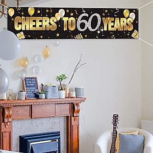 60th Birthday Banner Decorations for Men Women Happy 60th Birthday Banner Cheers to 60 Years Birthday Party Supplies Black Gold Backdrop for 60th Birthday Decor (70.9 x 15.7 Inch)