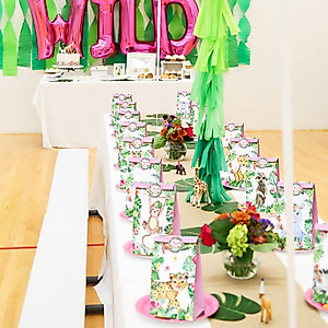 Safari Goodie Bags Jungle Party Favors Bags Pink Floral Wild Animals Treat Candy Gift Paper Bags with Thank You Stickers for Birthday Party Supplies Decorations Set of 24