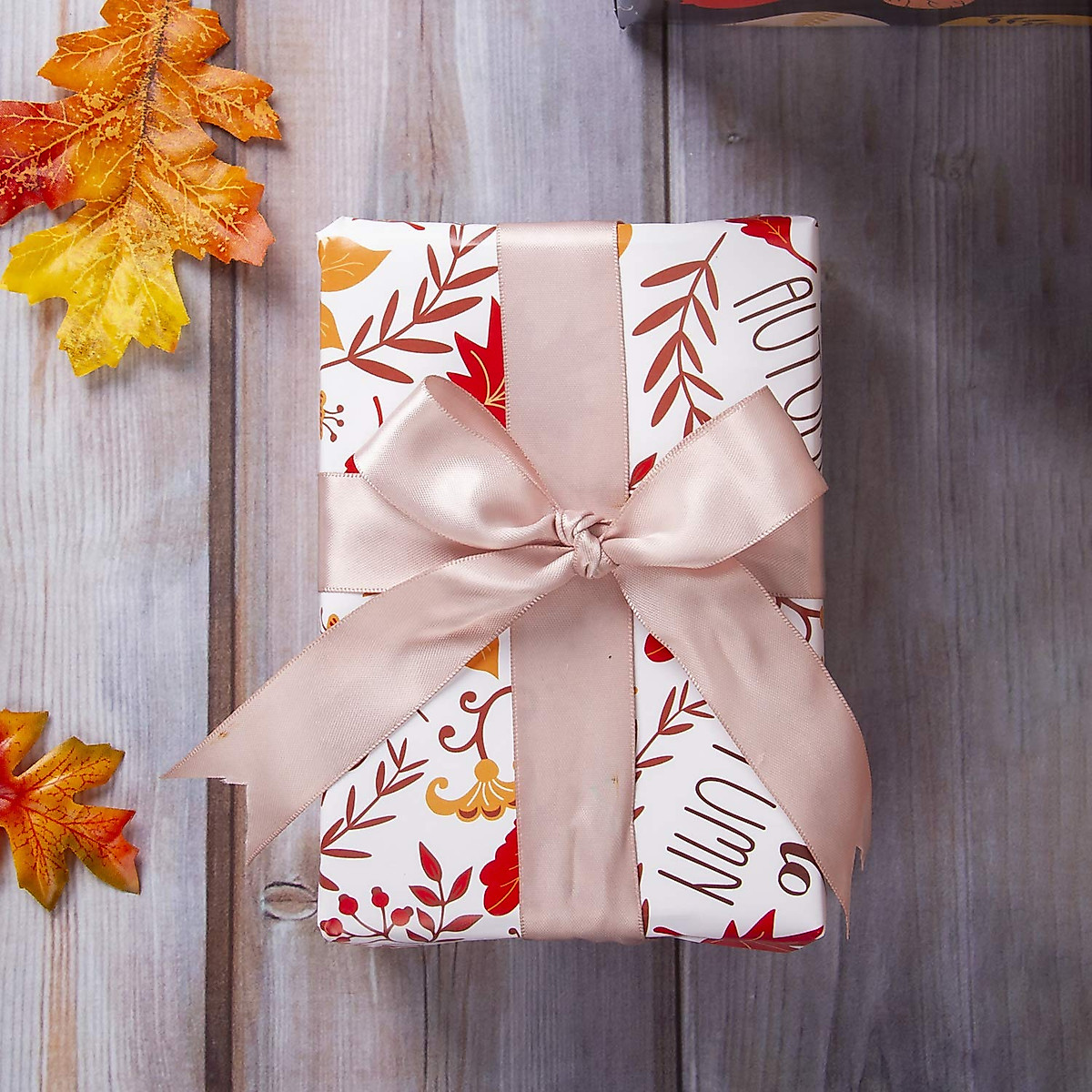 WRAPAHOLIC Wrapping Paper Sheet - Maple Leaf and Pumpkin Autumn Design for Fall Celebrating, Birthday, Holiday, Wedding, Baby Shower - 1 Roll Contains 6 Sheets - 17.5 inch X 30 inch Per Sheet