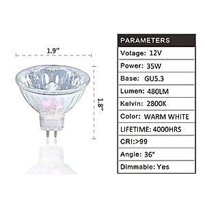 GMY MR16 Halogen Bulb 35W, Dimmable 12V MR16 GU5.3 Spotlight, 4000Hrs Long Lifetime, 2800K Warm White 480LM, 36° Beam Angle Bi-Pin Base 6Pack