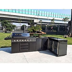 Modular 4 Piece Island Electric and Propane or Natural Gas BBQ Outdoor Black Stainless Steel Grill Kitchen with Double Wine Refrigerator, Sink, Rotisserie, Black Marble Top and FREE Protective Canvas Cover