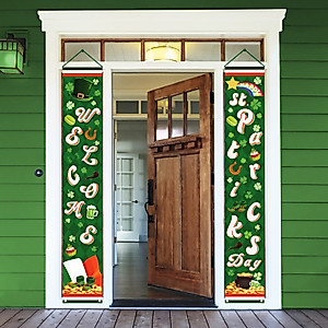 St. Patrick's Day Decorations Porch Sign for Front Door Gatherfun Green Irish Party Supplies Green Shamrocks Outdoor Home Porch Décor Banner Welcome Sign Background for St. Patrick's Day Party