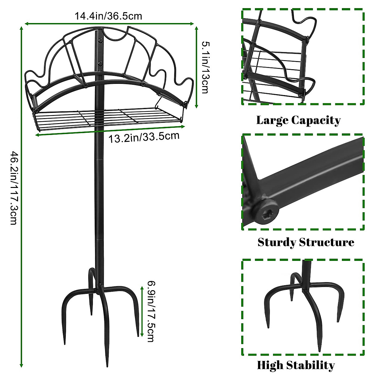 AUHOKY Freestanding Garden Hose Holder 4 Spiky Feet, Heavy Duty Deatachable Outdoor Garden Hose Holder Stand with Tools Storage Basket, Decorative Water Pipe Reel Organizer for Yard Lawn Patio (Iron)