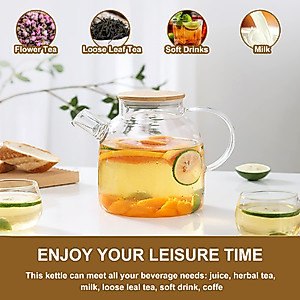 Glass Teapot Stovetop & Microwave Safe, 34oz/1000ml Glass Borosilicate Teapot with Removable Filter Spout, Glass Teapots with Bamboo Lid, Teapot for Loose Leaf, Fruit Tea, Blooming Tea