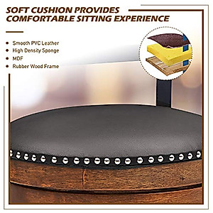 COSTWAY Bar Stools Set of 2, 360-Degree Swivel Stools with Leather Padded Seat, Single Slat Ladder Back & Solid Rubber Wood Legs, Counter Height Stools for Pub, Restaurant, Kitchen, Brown (2, 25.5)