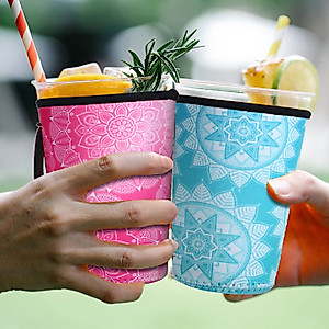 Boao 12 Pieces Reusable Iced Coffee Cup Sleeve Insulator Neoprene Beverages Cup Cover Holder for Tumbler Cup Hot Cold Drinks, with Handle(32 Ounce (pack of 1), Vintage Style)