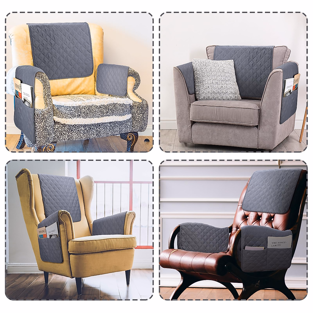 Ganeen 3 Pcs Sofa Armrest Cover 1 Seater Sofa Headrest Slipcovers Nonslip Armchair Cover 27 x 17 Inch Water Proof Furniture Protector with Pocket for Recliner Leather Sofa Couch(Gray)