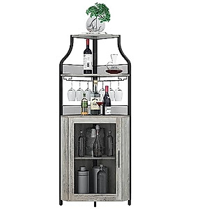 GAOMON Corner Wine Bar Rack Cabinet with Detachable Wine Rack, Bar Cabinet with Glass Holder, Small Sideboard and Buffet Cabinet with Mesh Door (Grey)