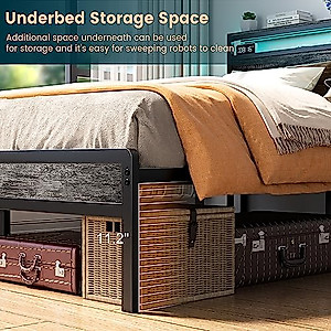 Homieasy Full Size Bed Frame with Charging Station and Led Lights, Industrial Metal Platform Bed with Storage Headboard, Steel Slat Support, No Box Spring Needed, Noise-Free, Black Oak