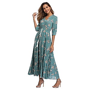 VintageClothing Women's Floral Maxi Dresses with Sleeves Flowy Boho Beach Party Dress Casual Summer Dress, M