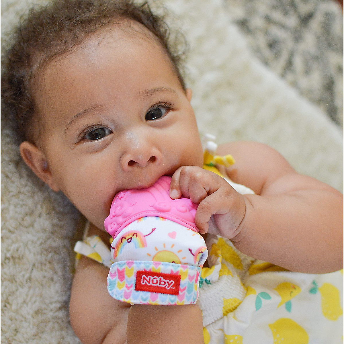 Nuby Happy Hands Silicone Teething Mitten: 3M+, Rainbow, Pink (80725)