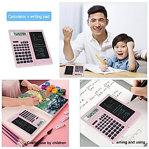 LveSunny Scientific Calculators for Middle School & High School, Solar and Battery Power with Notepad for School，10 Digits Digital with Erasable Writing Board Math Calculator (Pink)