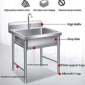 Catering Kitchen Sink, Single Bowl Brushed Stainless Steel Commercial Sink Free?Standing?Utility?Washbasin with Accessories Faucet Used to Restaurant Outdoor Workstation (60 * 60 * 80cm)