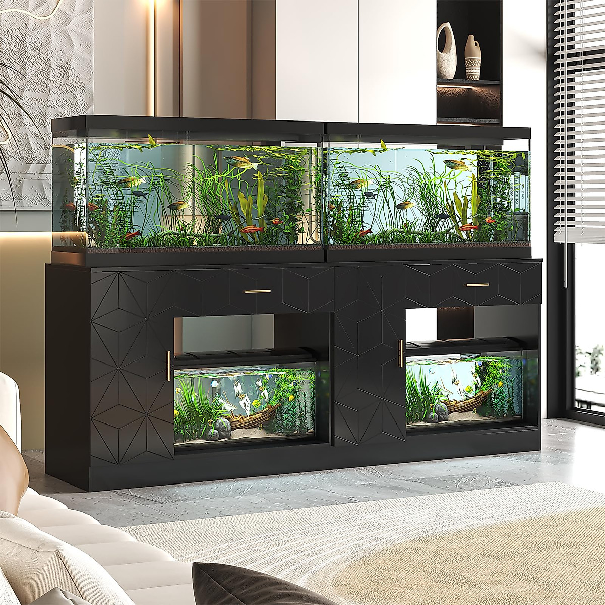 Saudism 40 Gallon Fish Tank Stand, 29 -50 Gallon Aquarium Stand, Black Tank Stand, Fish Tank Table with Drawer and Cabinet, Sturdy and Durable