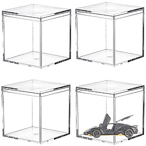 LOVPLAY Large Acrylic Box with Lid 4 Pieces Clear Display Box Plastic Square Cube Wedding Candy Box for Jewelry Collectibles, Minerals,Figurines Storage Containers Decorative Boxes 4x4x4Inch