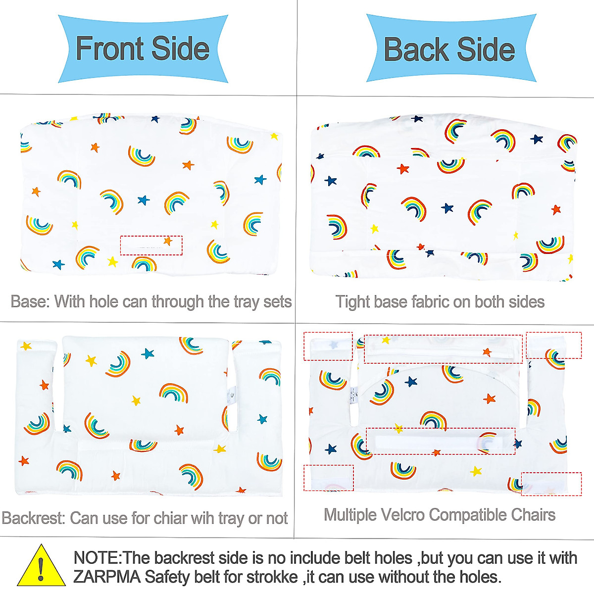 ZARPMA Highchair Cushion Compatible with Stokke Tripp Trapp Chiar High Chair Insert Cotton Fabric Cover Filled with Cotton Padding (White Rainbow)