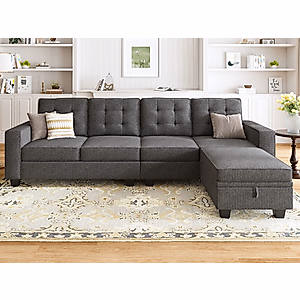 HONBAY Convertible Sectional Sofa L Shaped Couch with Storage Ottoman 4 Seat Sectional Sofa with Reversible Chaise, Dark Grey